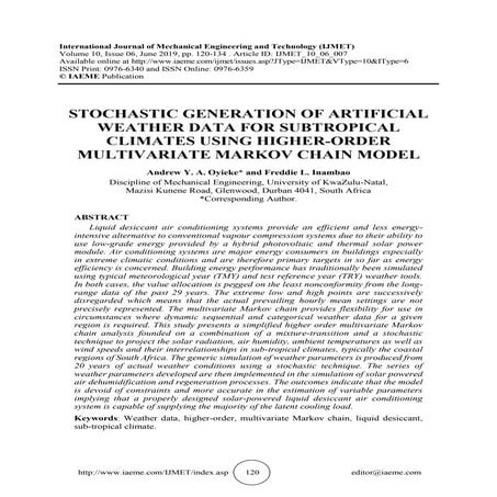 Stochastic Generation Of Artificial Weather Data For Subtropical Climates Using Higher Order