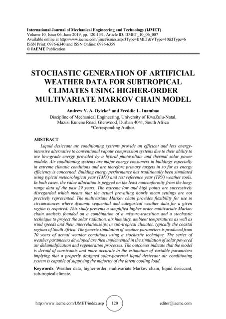 Stochastic Generation Of Artificial Weather Data For Subtropical Climates Using Higher Order