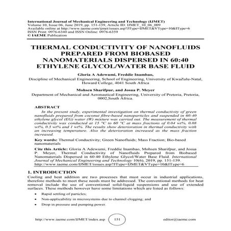 THERMAL CONDUCTIVITY OF NANOFLUIDS PREPARED FROM BIOBASED NANOMATERIALS DISPERSED IN 60:40 ...