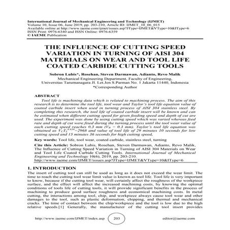 The Influence Of Cutting Speed Variation In Turning Of Aisi 304 Materials On Wear And Tool Life