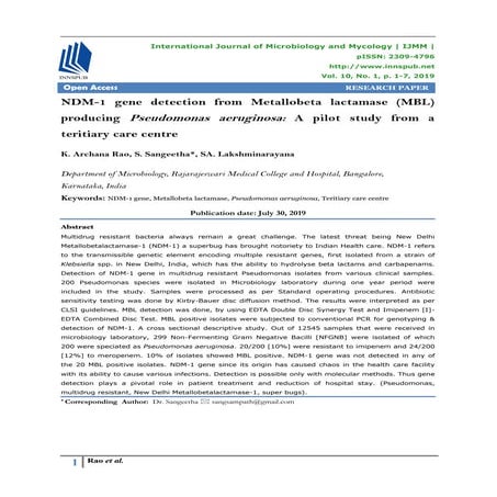 NDM-1 gene detection from Metallobeta lactamase (MBL) producing Pseudomonas aeruginosa: A pilot ...