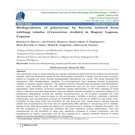 Biodegradation of polystyrene by bacteria isolated from talabang ...