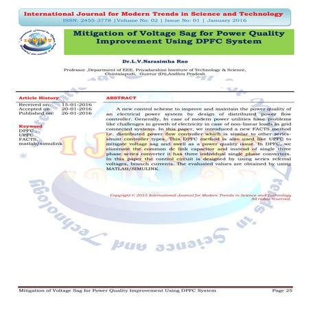 Mitigation Of Voltage Sag For Power Quality Improvement Using Dpfc System Pdf 
