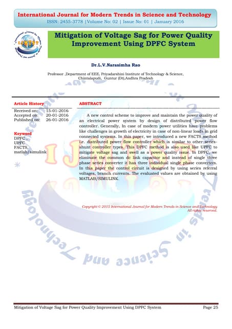 Mitigation Of Voltage Sag For Power Quality Improvement Using Dpfc System Pdf