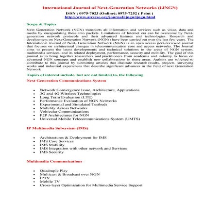 CALL FOR PAPERS - International Journal of Next-Generation Networks ...