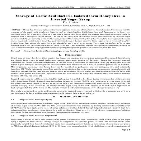 Storage of Lactic Acid Bacteria Isolated form Honey Bees in Inverted Sugar Syrup | PDF