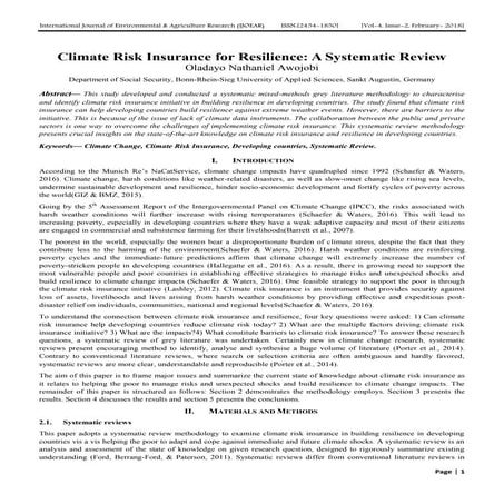 Climate Risk Insurance for Resilience: A Systematic Review | PDF ...