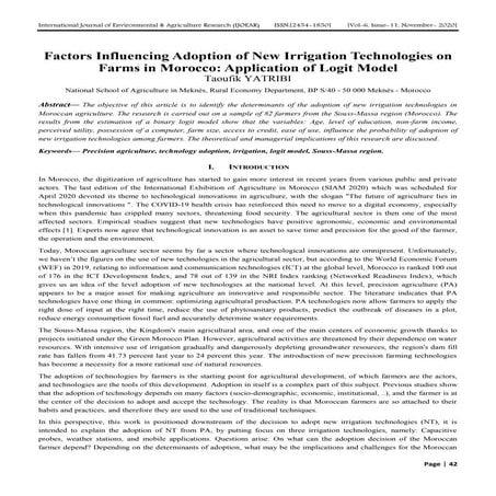 Factors Influencing Adoption of New Irrigation Technologies on Farms in Morocco: Application of ...