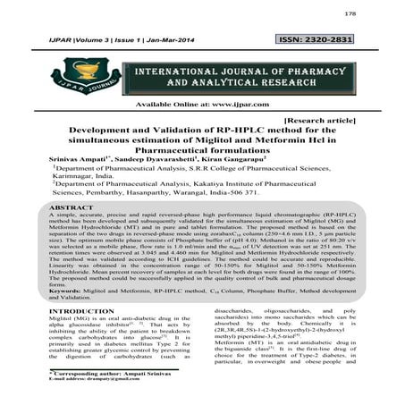 Development And Validation Of Rp Hplc Method For The Simultaneous Estimation Of Miglitol And