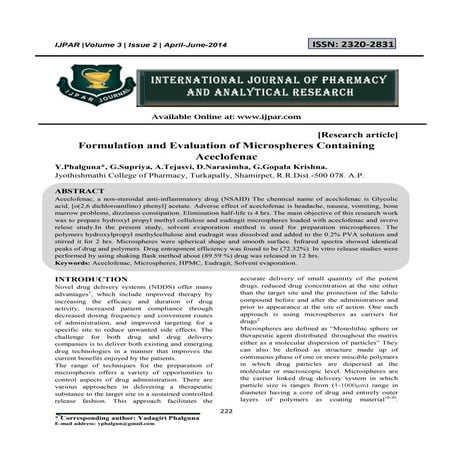Formulation And Evaluation Of Microspheres Containing Aceclofenac Pdf