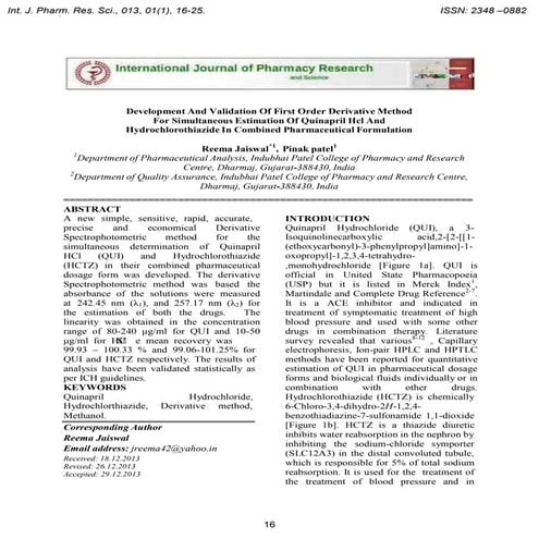 Development And Validation Of First Order Derivative Method For Simultaneous Estimation Of