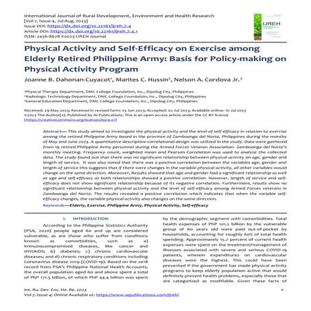 Physical Activity and Self-Efficacy on Exercise among Elderly Retired Philippine Army: Basis for ...