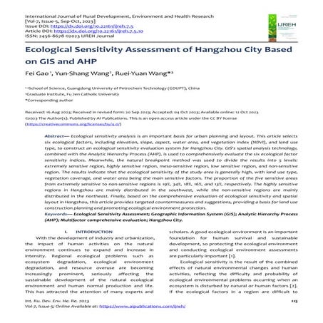 Ecological Sensitivity Assessment of Hangzhou City Based on GIS and AHP ...
