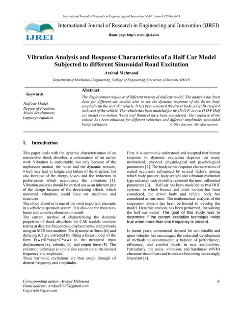Vibration analysis and response characteristics of a half car model ...