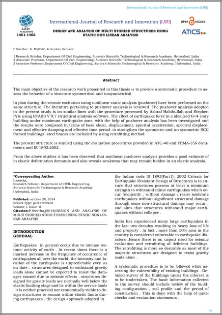 Design And Analysis Of Multi Storied Structures Using Static Non Linear
