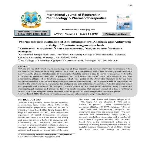 Pharmacological evaluation of Anti inflammatory, Analgesic and ...