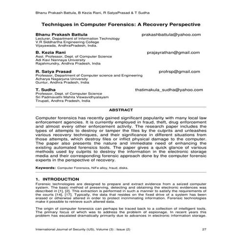 Techniques in Computer Forensics: A Recovery Perspective | PDF