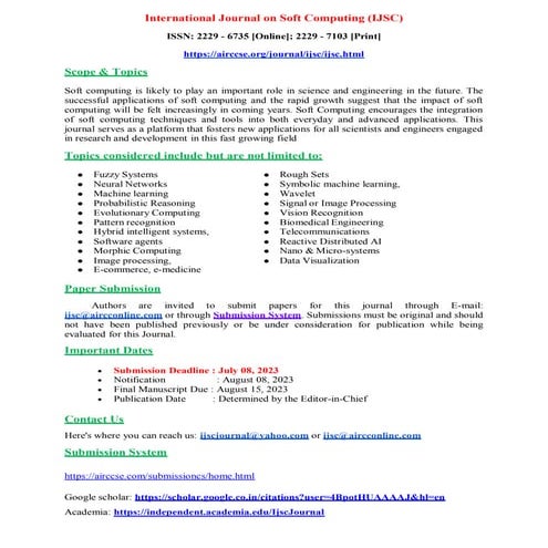 CFP - International Journal on Soft Computing (IJSC) | PDF