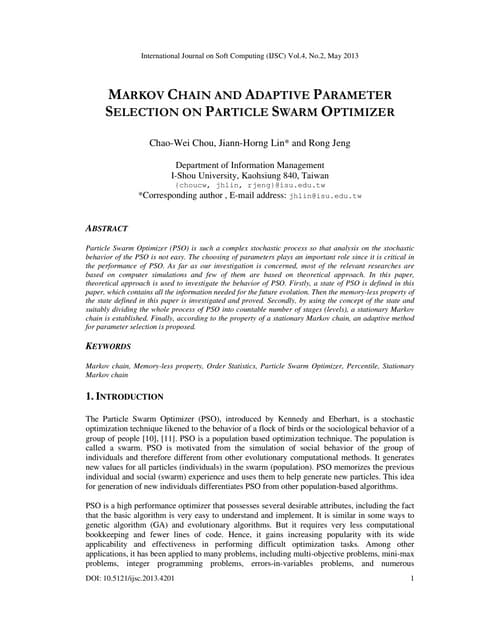 Markov Chain And Adaptive Parameter Selection On Particle Swarm Optimizer Pdf