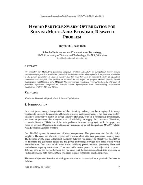 Hybrid Particle Swarm Optimization For Solving Multi Area Economic Dispatch Problem Pdf