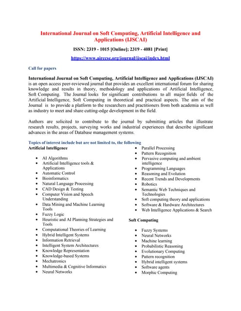 International Journal on Soft Computing, Artificial Intelligence and Applications (IJSCAI) | PDF