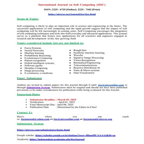 CFP - International Journal on Soft Computing ( IJSC ) | PDF