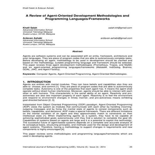A Review Of Agent Oriented Development Methodologies And Programming Languagesframeworks Pdf 2133