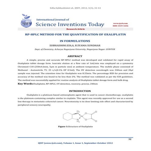 RP-HPLC METHOD FOR THE QUANTIFICATION OF OXALIPLATIN IN FORMULATIONS | PDF