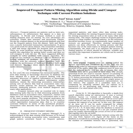 Improved Frequent Pattern Mining Algorithm Using Divide And Conquer Technique With Current