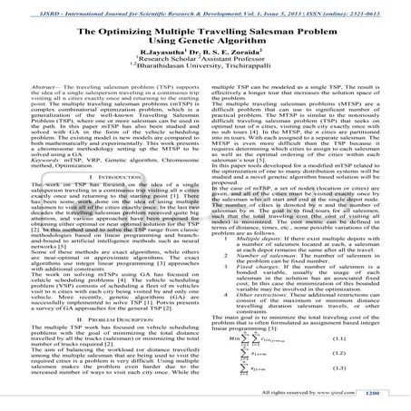 The Optimizing Multiple Travelling Salesman Problem Using Genetic Algorithm Pdf