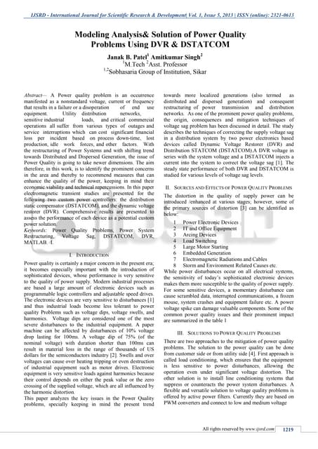 Modeling Analysisand Solution Of Power Quality Problems Using Dvr And Dstatcom Pdf