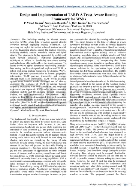 Design And Implementation Of Tarf A Trust Aware Routing Framework For