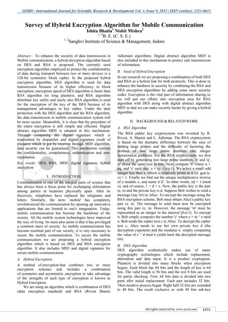 Survey Of Hybrid Encryption Algorithm For Mobile Communication Pdf