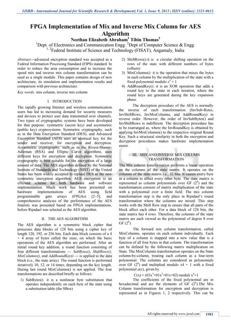 FPGA Implementation of Mix and Inverse Mix Column for AES Algorithm | PDF FPGA Implementation of Mix and Inverse Mix Column for AES Algorithm | PDF