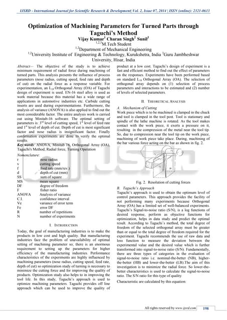 Application Of Taguchi Method And Anova In Optimization Of Cutting Pdf