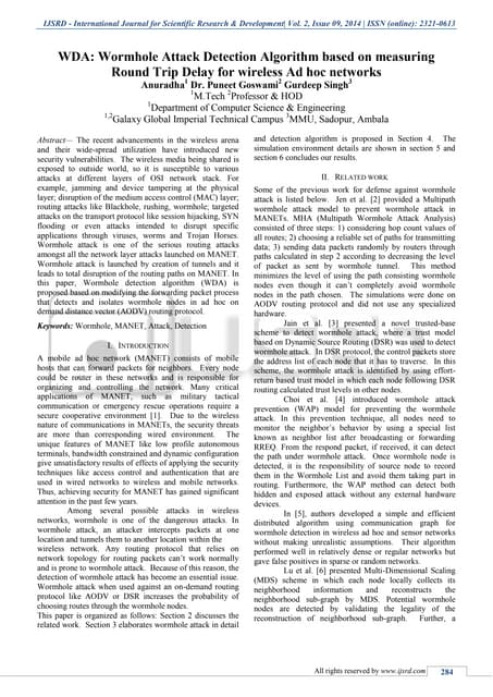 Wda Wormhole Attack Detection Algorithm Based On Measuring Round Trip Delay For Wireless Ad Hoc