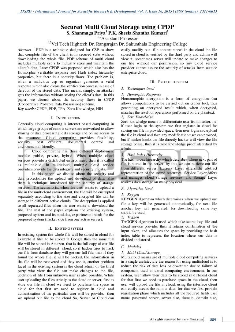 Secured Multi Cloud Storage Using CPDP