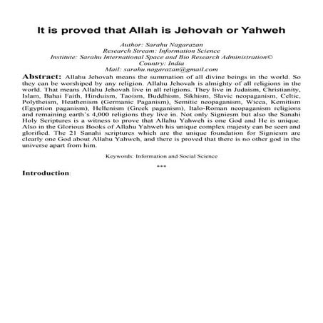 It is proved allah is jehovah mean Allahu Jehovah or Allahu Yahweh | PDF