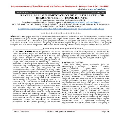 Reversible Implementation Of Multiplexer And Demultiplexer Using R 5964