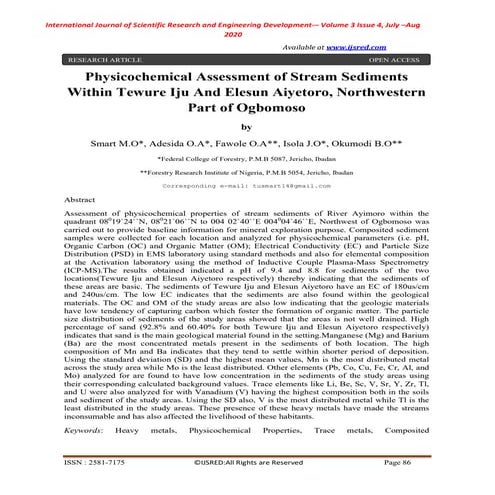 Physicochemical Assessment of Stream Sediments Within Tewure Iju And ...