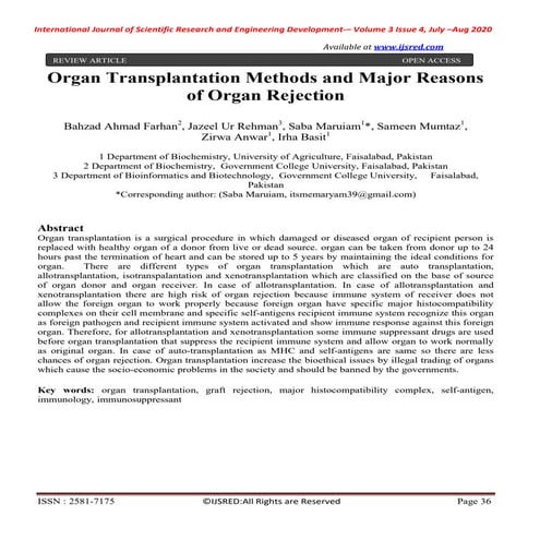 Organ Transplantation Methods and Major Reasons of Organ Rejection | PDF