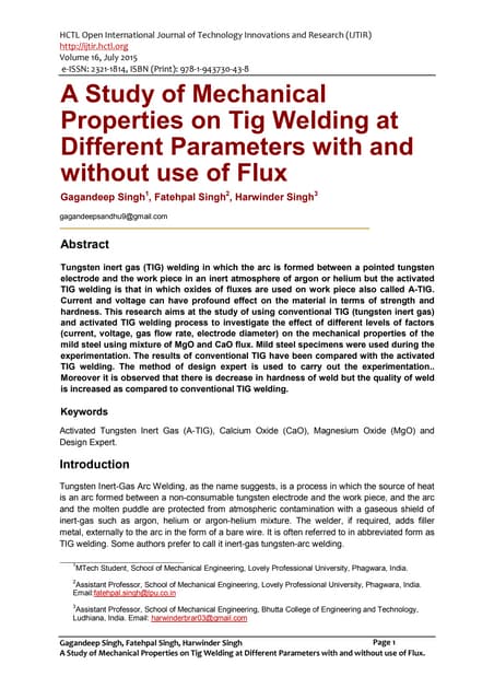Review on the parametric optimizaton of Tig welding | PDF