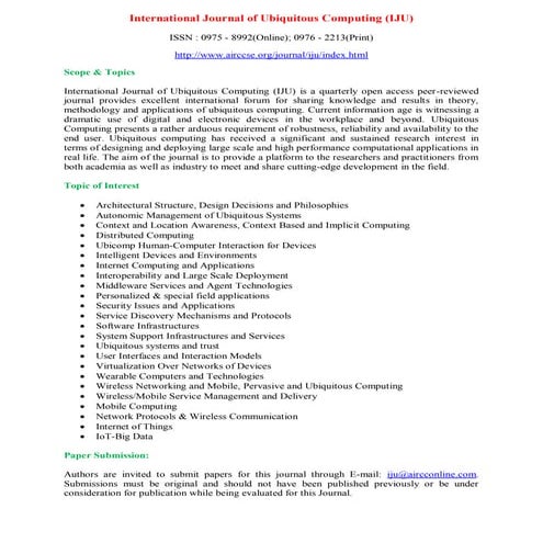 Submission Start Now....! International Journal of Ubiquitous Computing (IJU) | PDF