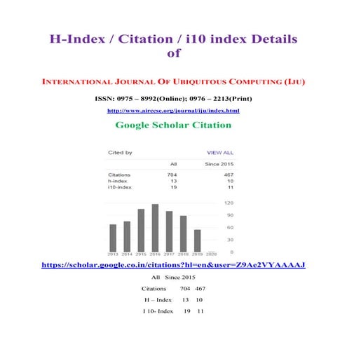H-Index / Citation / i10 index Details of International Journal of Ubiquitous Computing (IJU) | PDF