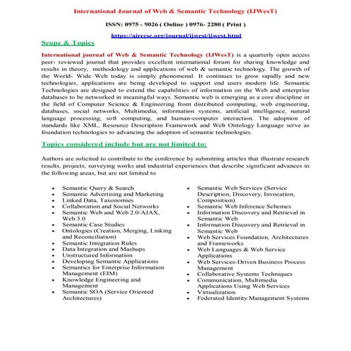 CALL FOR ARTICLES...! IS INDEXING JOURNAL...! International Journal of Web & Semantic Technology ...