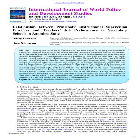 Relationship between Principals? Instructional Supervision Practices and Teachers? Job ...