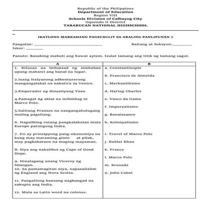 IKATLONG MARKAHAN SA ARALING PANLIPUNAN 7.docx