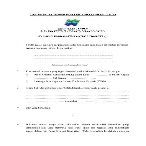 CONTOH IKLAN TENDER BAGI KERJA MELEBIHI RM 10 JUTA | DOC