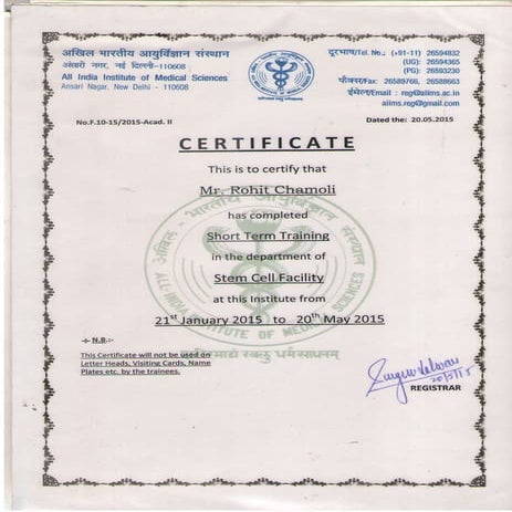 AIIMS STEM CELL LAB C E R T I F I C A T E | PDF | Biological Sciences ...