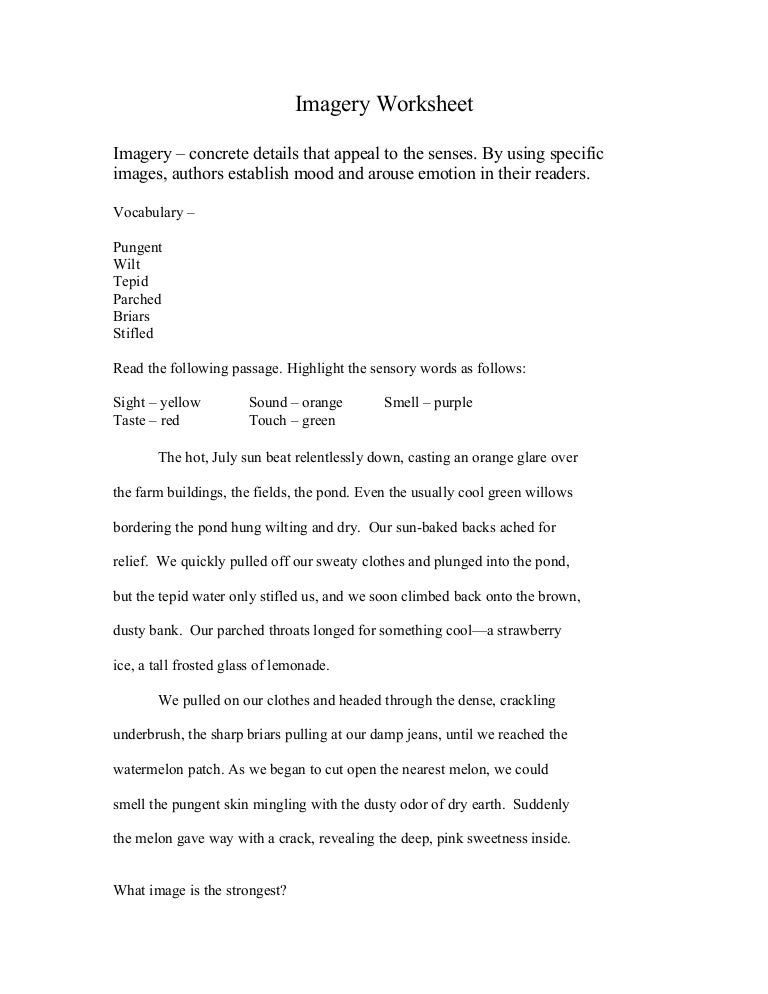 Imagery Worksheet Imagery Worksheet